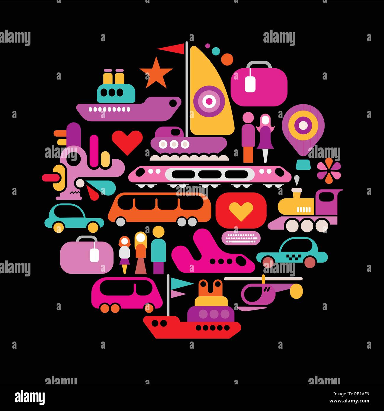 Travel and Transport round shape vector illustration isolated on a ...