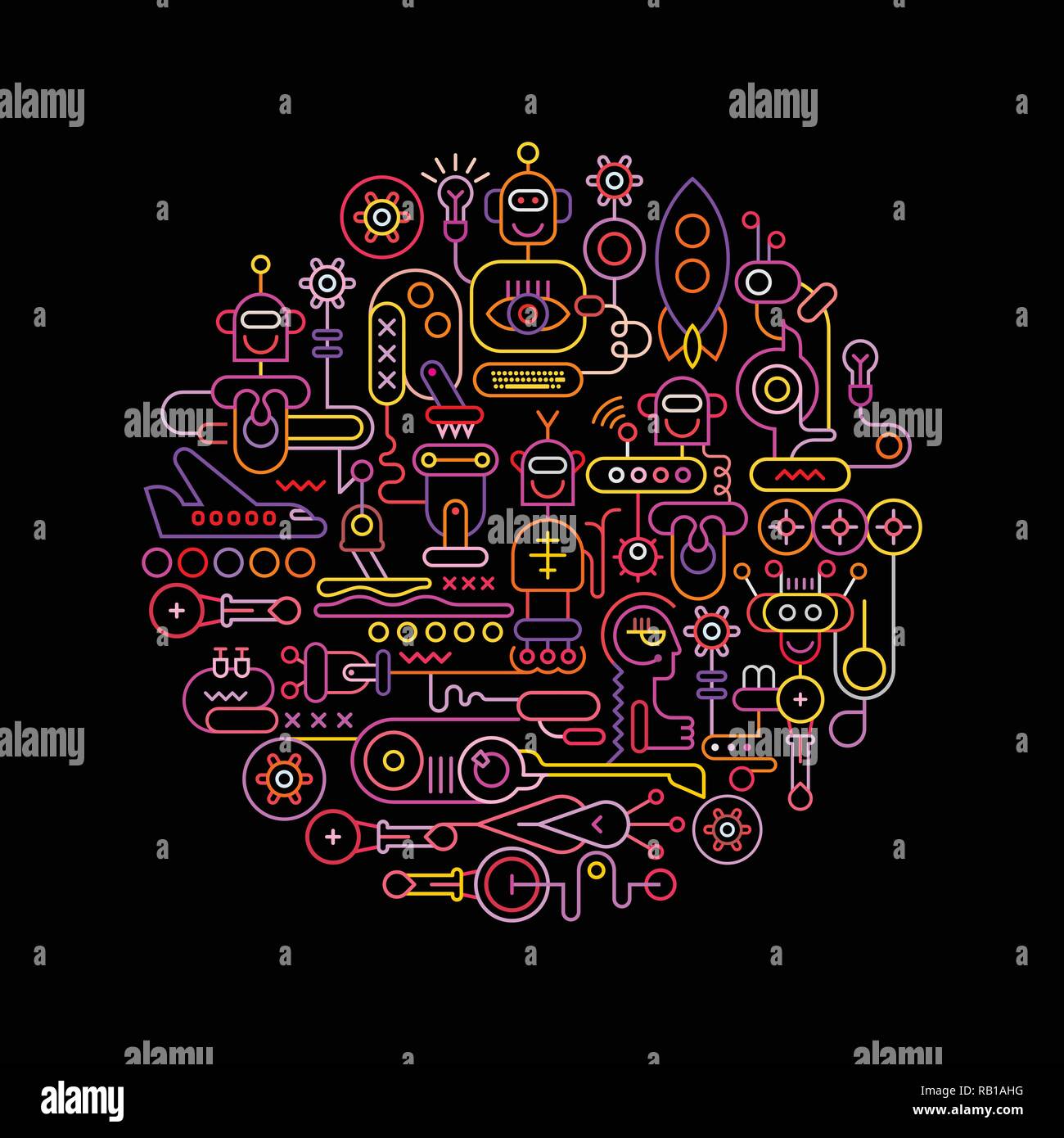 Neon colors on a black background Robotics Network round shape vector ...