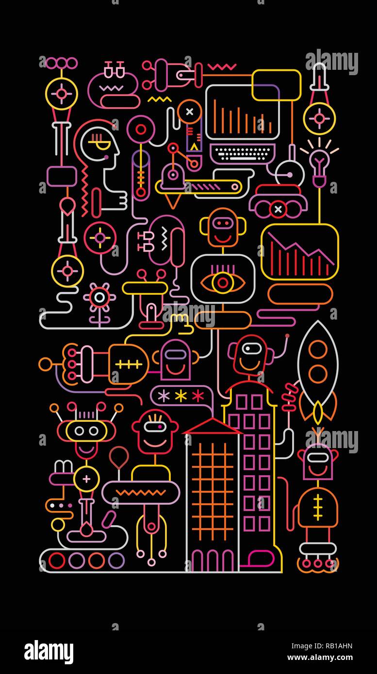Neon color on a black background Robots vector illustration Stock ...