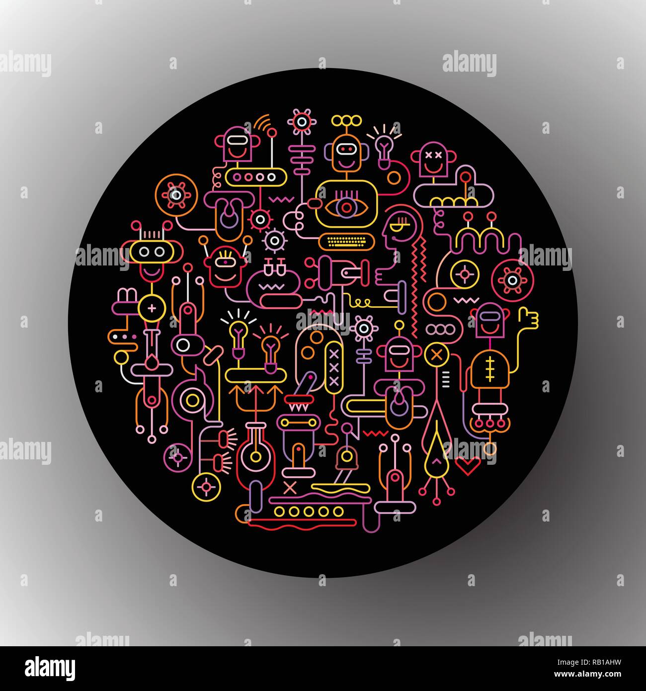 Neon colors on a black background Robot Workshop round shape vector ...