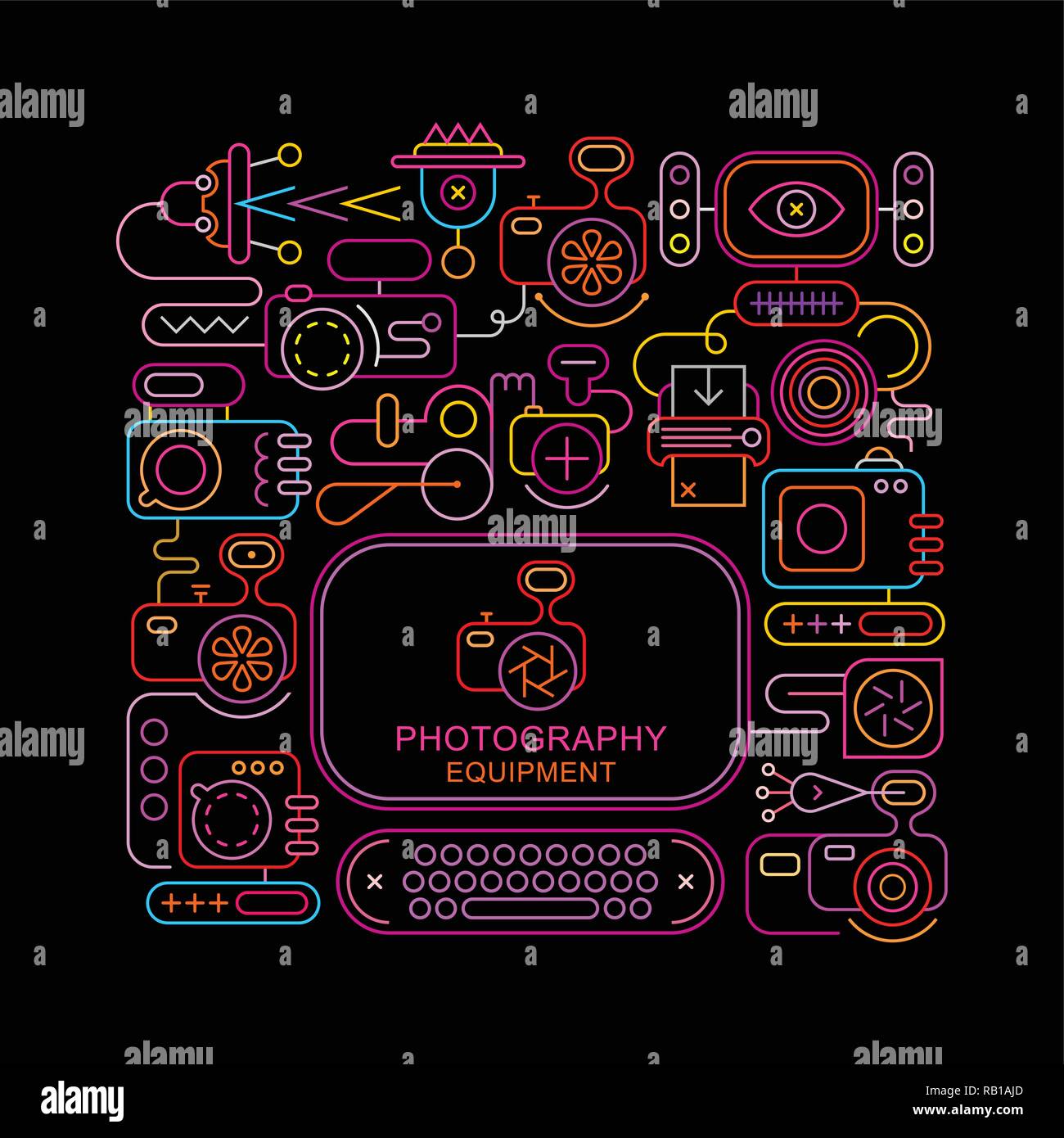 Neon colors on a black background Photography Equipment vector banner ...