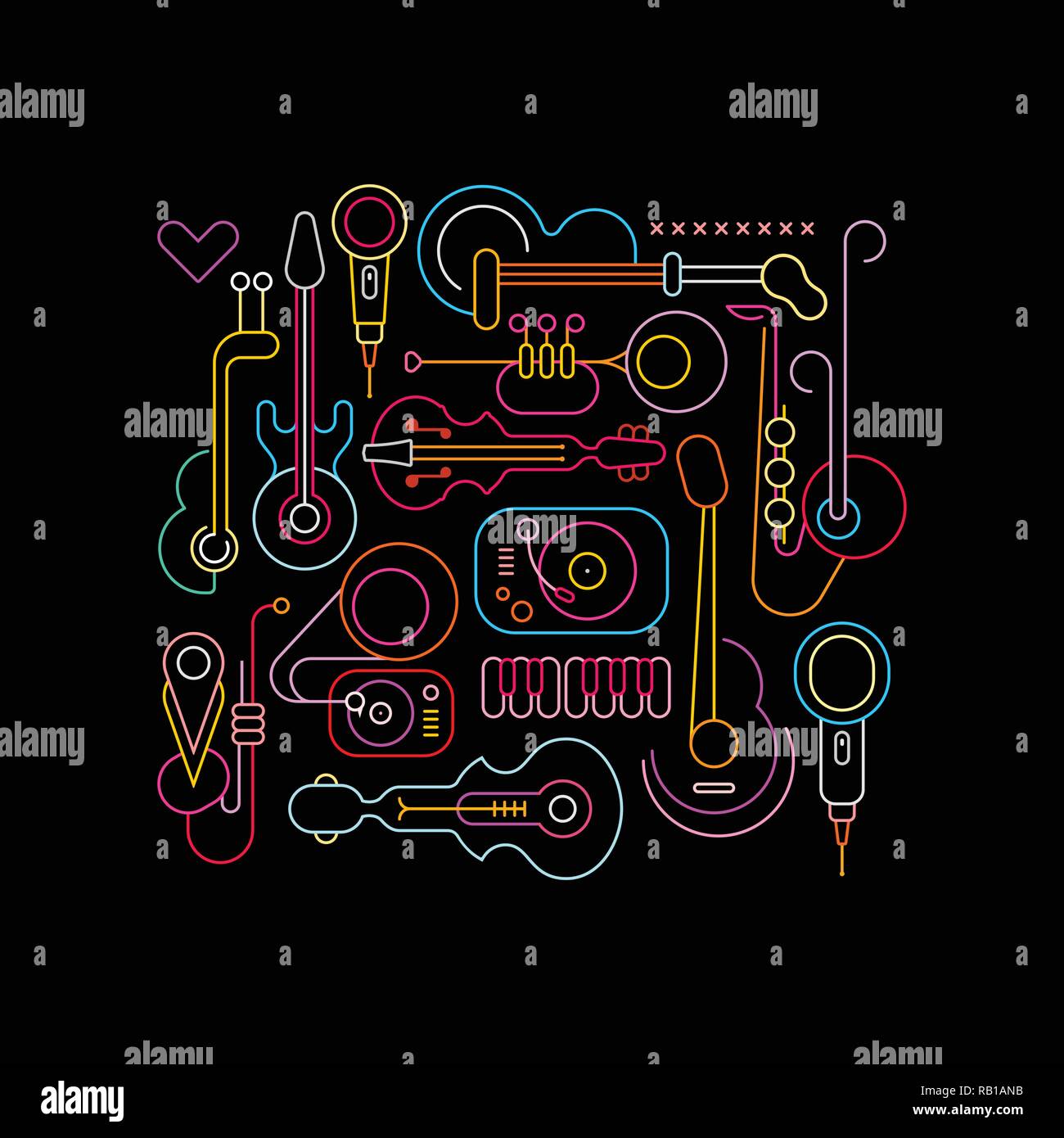 Neon colors on a black background Musical Instruments Design vector ...