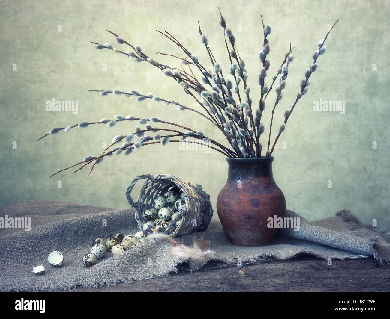 Still life with bouquet of willow branches Stock Photo - Alamy