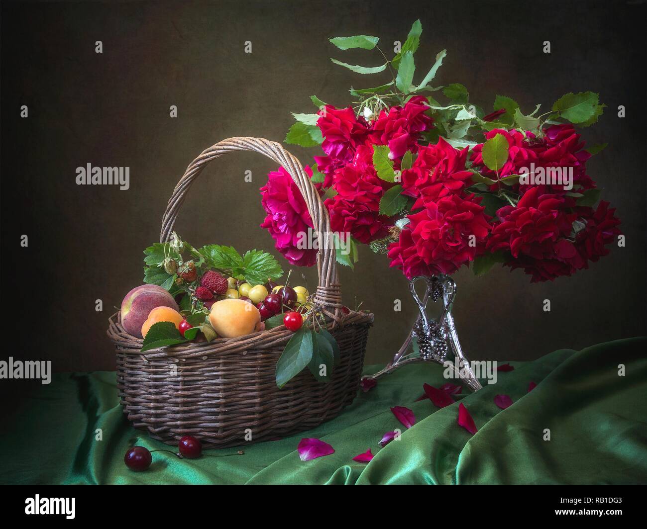Still life with bouquet of red roses Stock Photo - Alamy