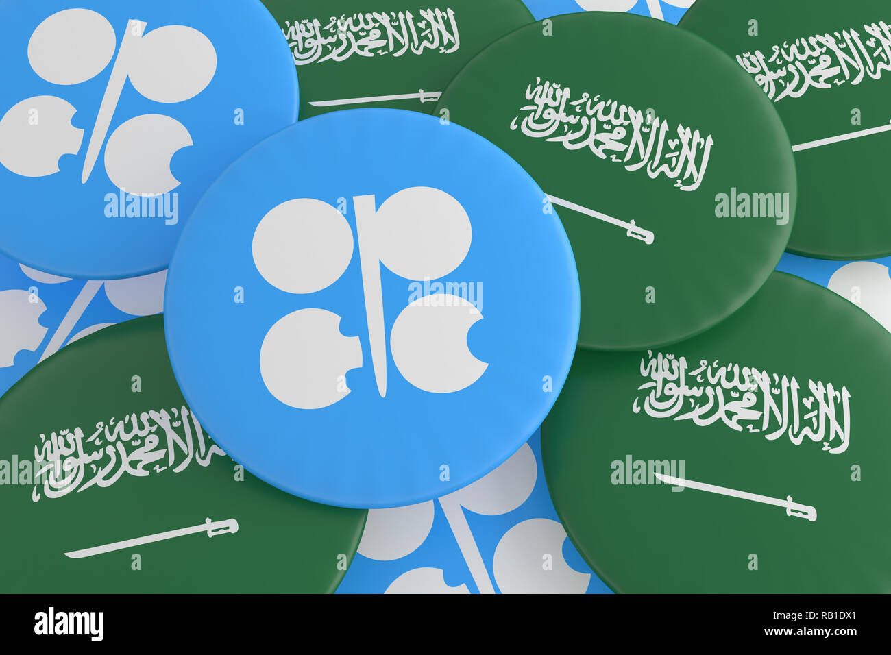 Pile of OPEC Countries Flag Badges: Saudi Arabia And OPEC Flag Buttons ...