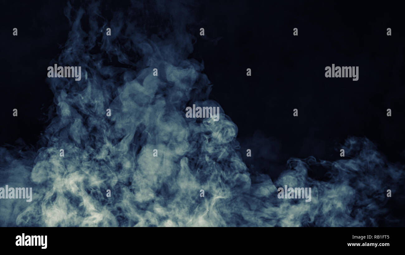 Blue fog and misty effect on isolated black background for copy space ...