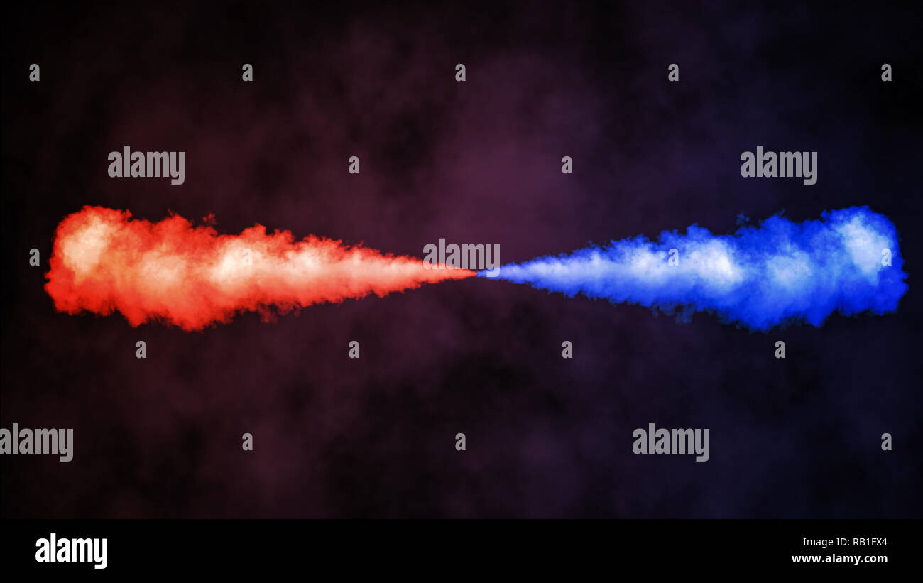 Red versus Blue explosion isolated on black background. Smoke fog mist ...