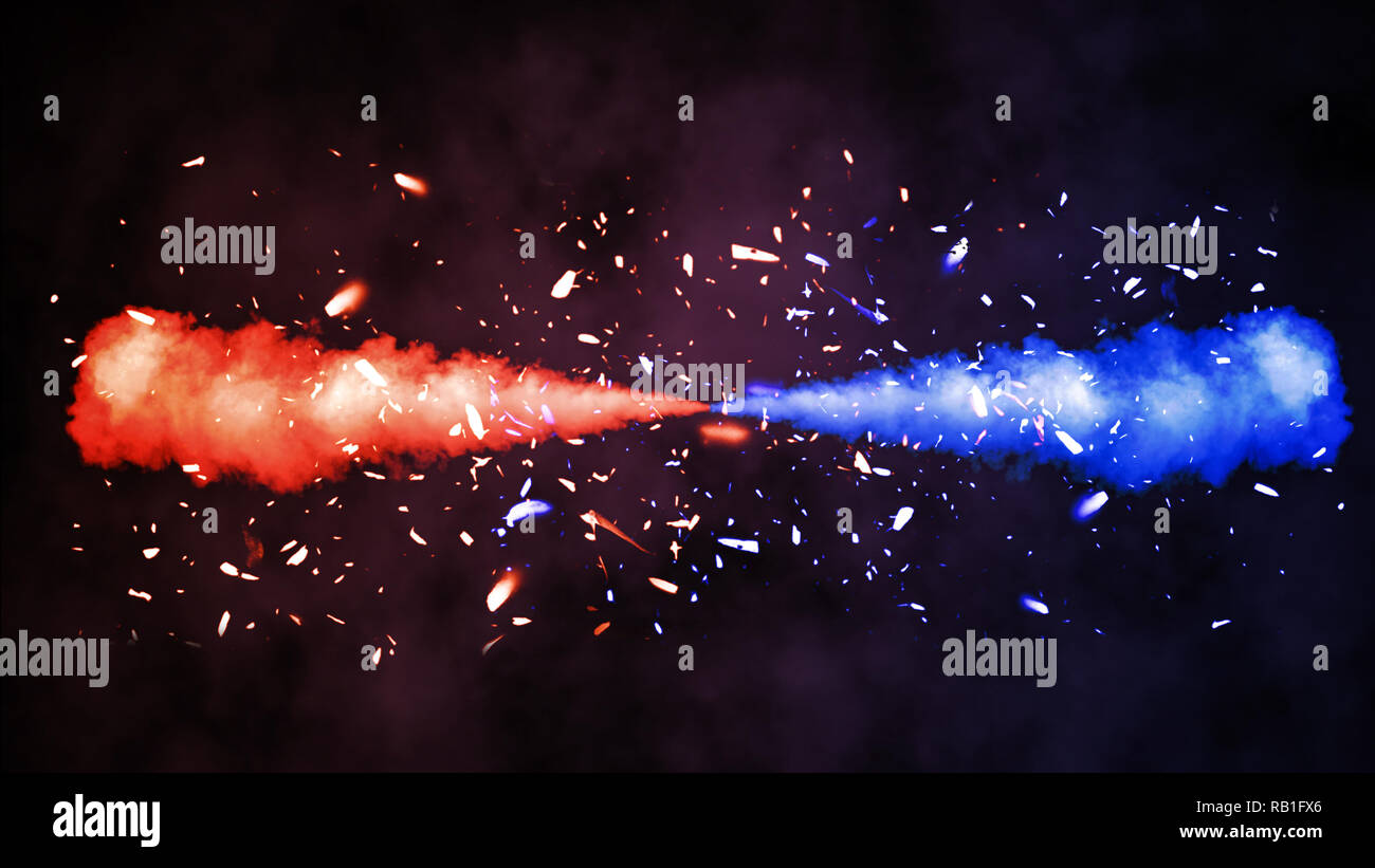 Red versus Blue explosion isolated on black background. Smoke particles ...