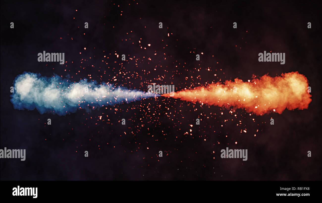 Red versus Blue explosion isolated on black background. Smoke particles ...