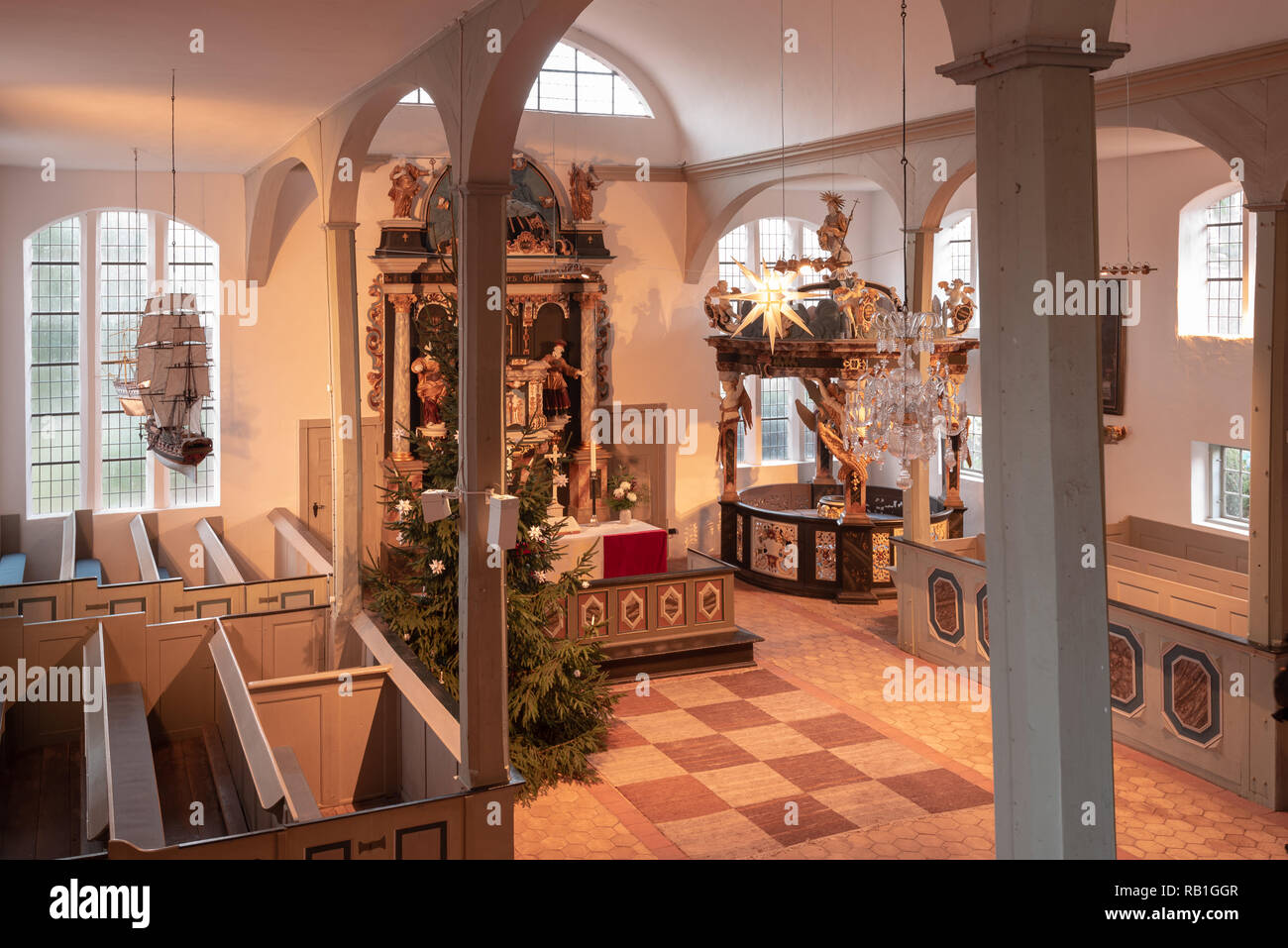 Prerow, Germany - December 30, 2018: View into the Seemannskirche ...