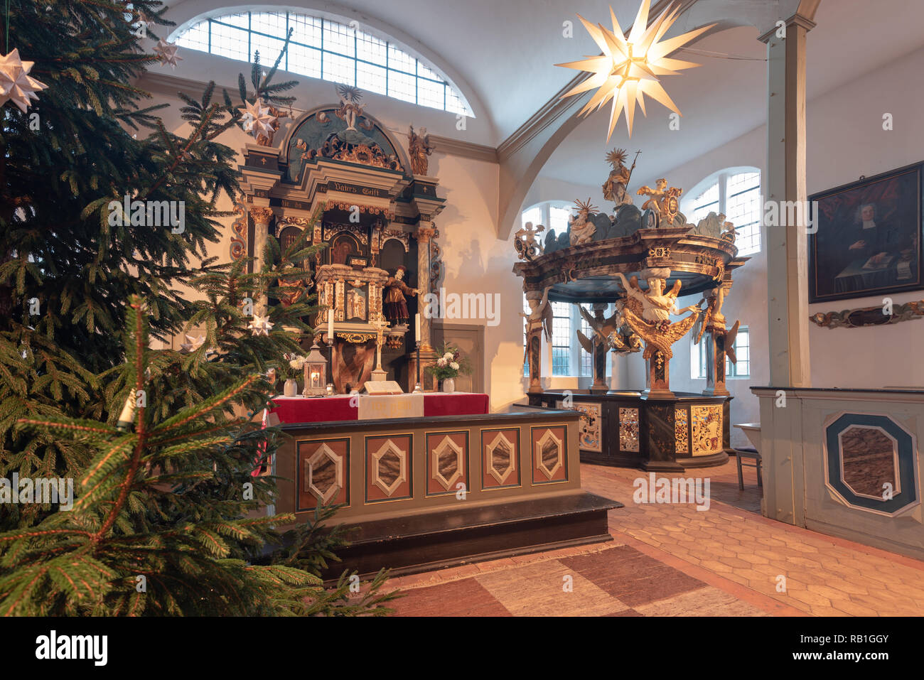 Prerow, Germany - December 30, 2018: View into the Seemannskirche ...