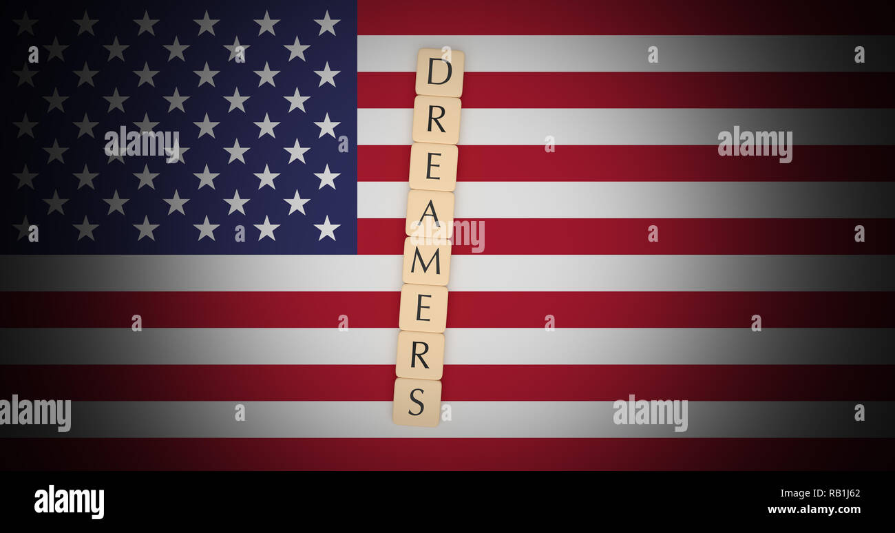USA Politics Immigration News Concept: Letter Tiles Dreamers On US Flag ...
