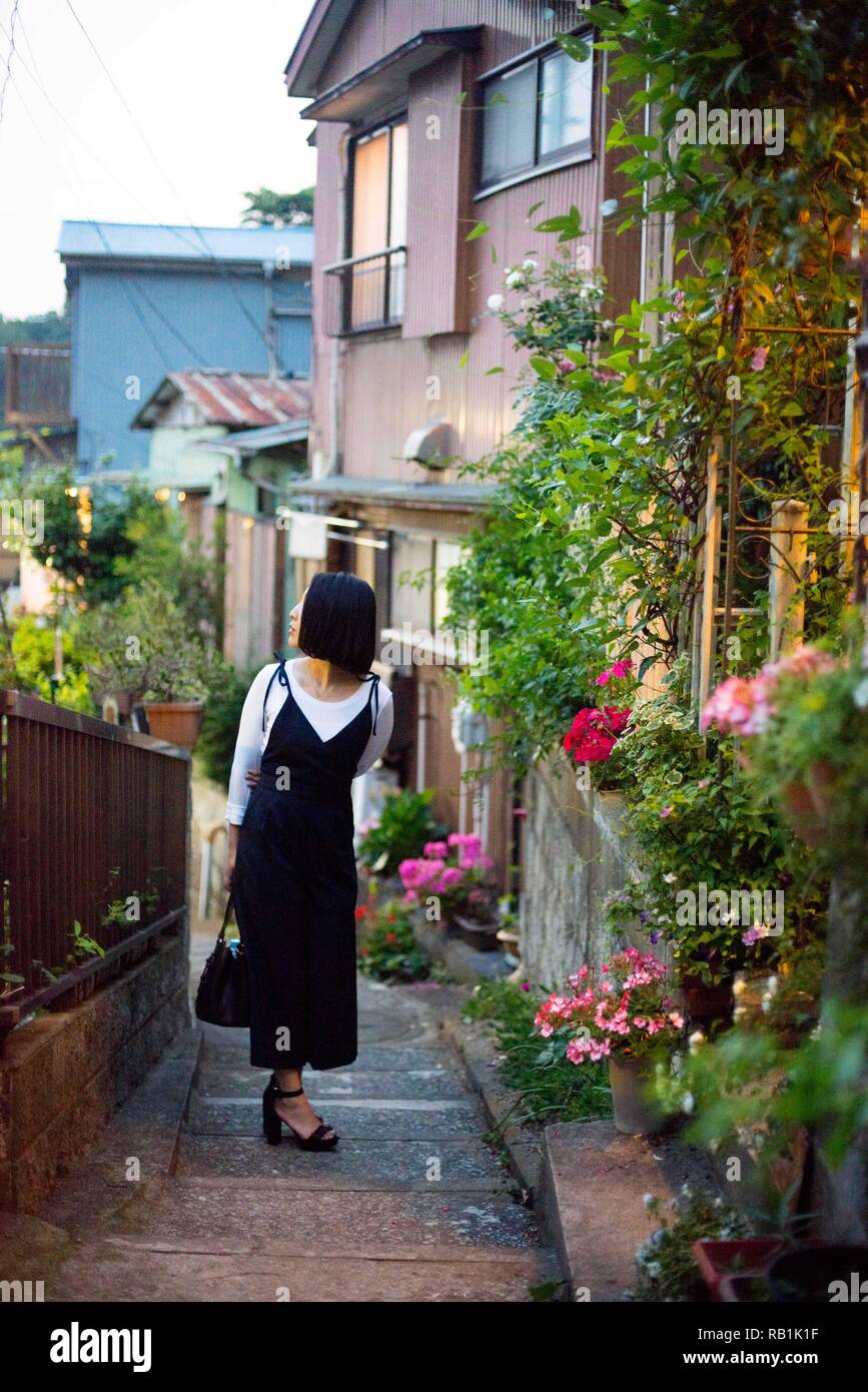 Japanese female model posing for the pictures on the street of Tokyo ...