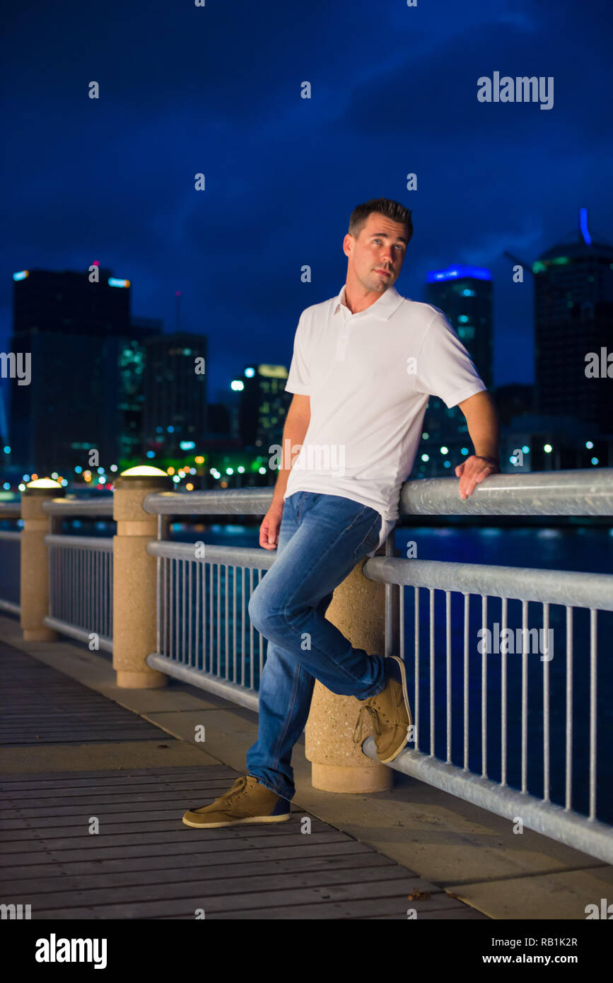 Australian man poses for picture in Brisbane, Australia. Brisbane is ...