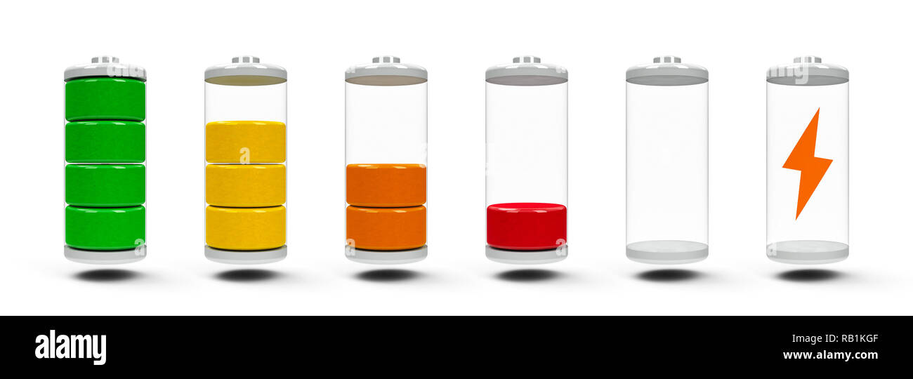 Set of battery charge level indicator, three-dimensional rendering, 3D ...