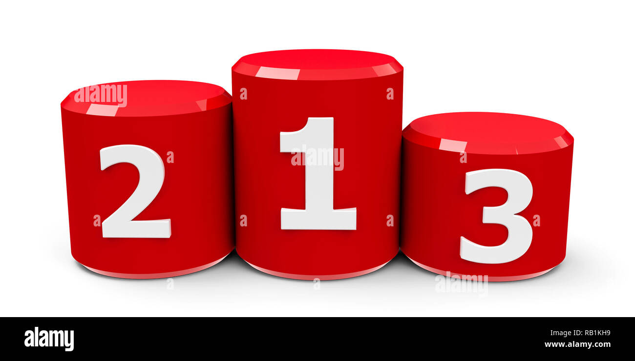 Red cylinder podium with three rank places, three-dimensional rendering ...