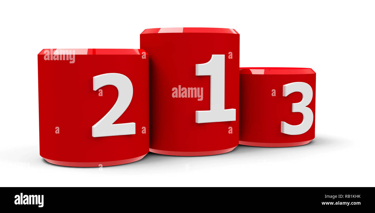 Red cylinder podium with three rank places, three-dimensional rendering ...