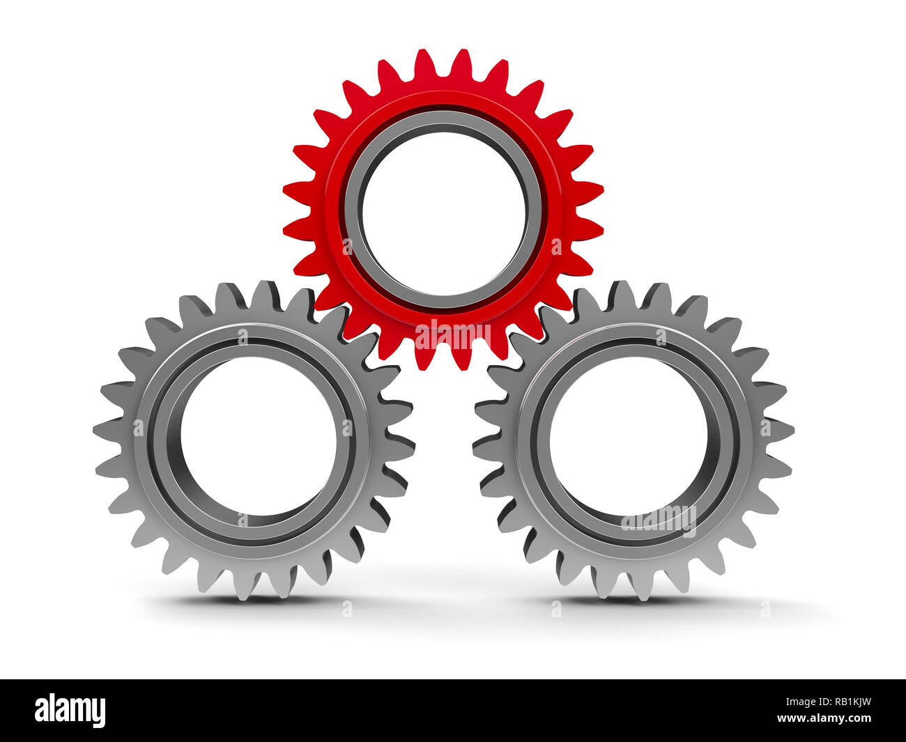 Three gears with red gear - team cooperation concept, three-dimensional ... Three gears with red gear - team cooperation concept, three-dimensional ...