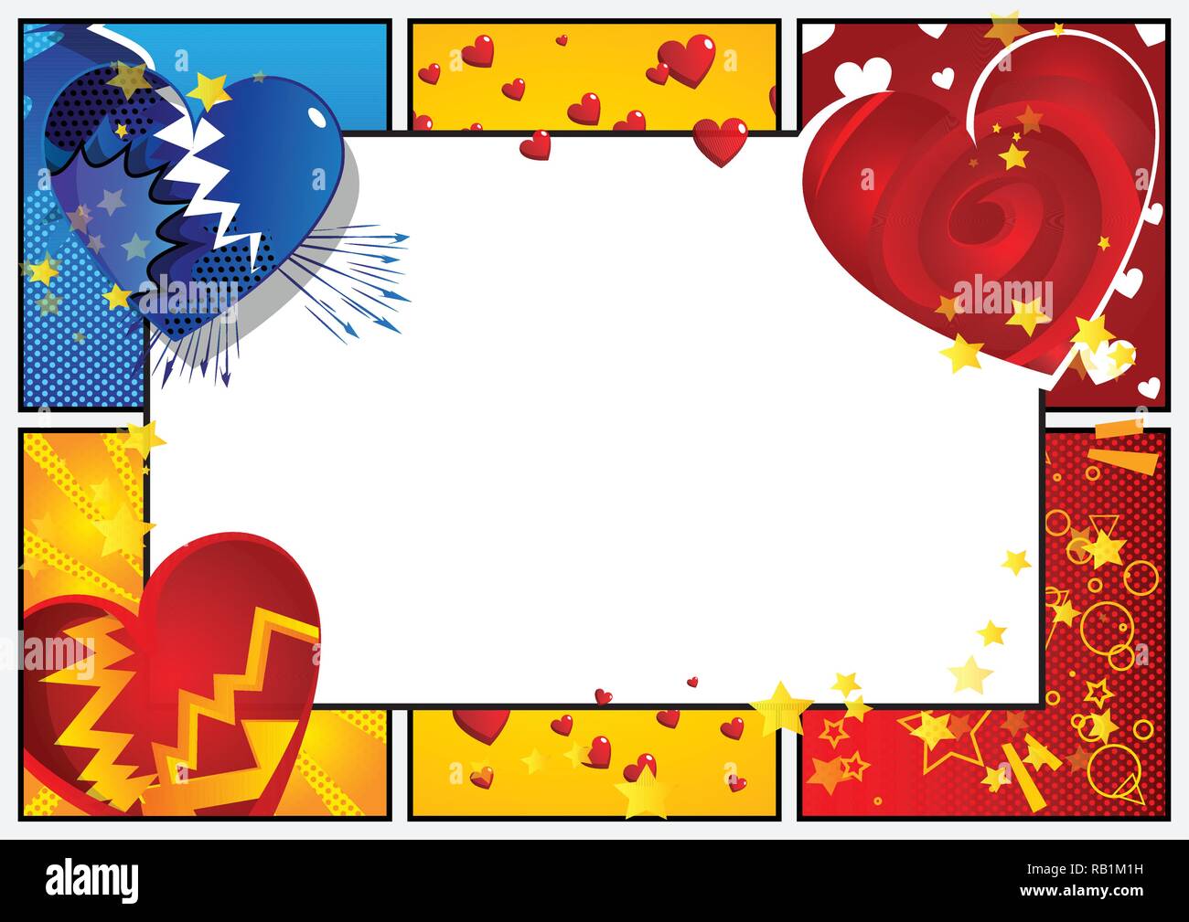 Vector illustrated retro comic book background with hearts and white ...