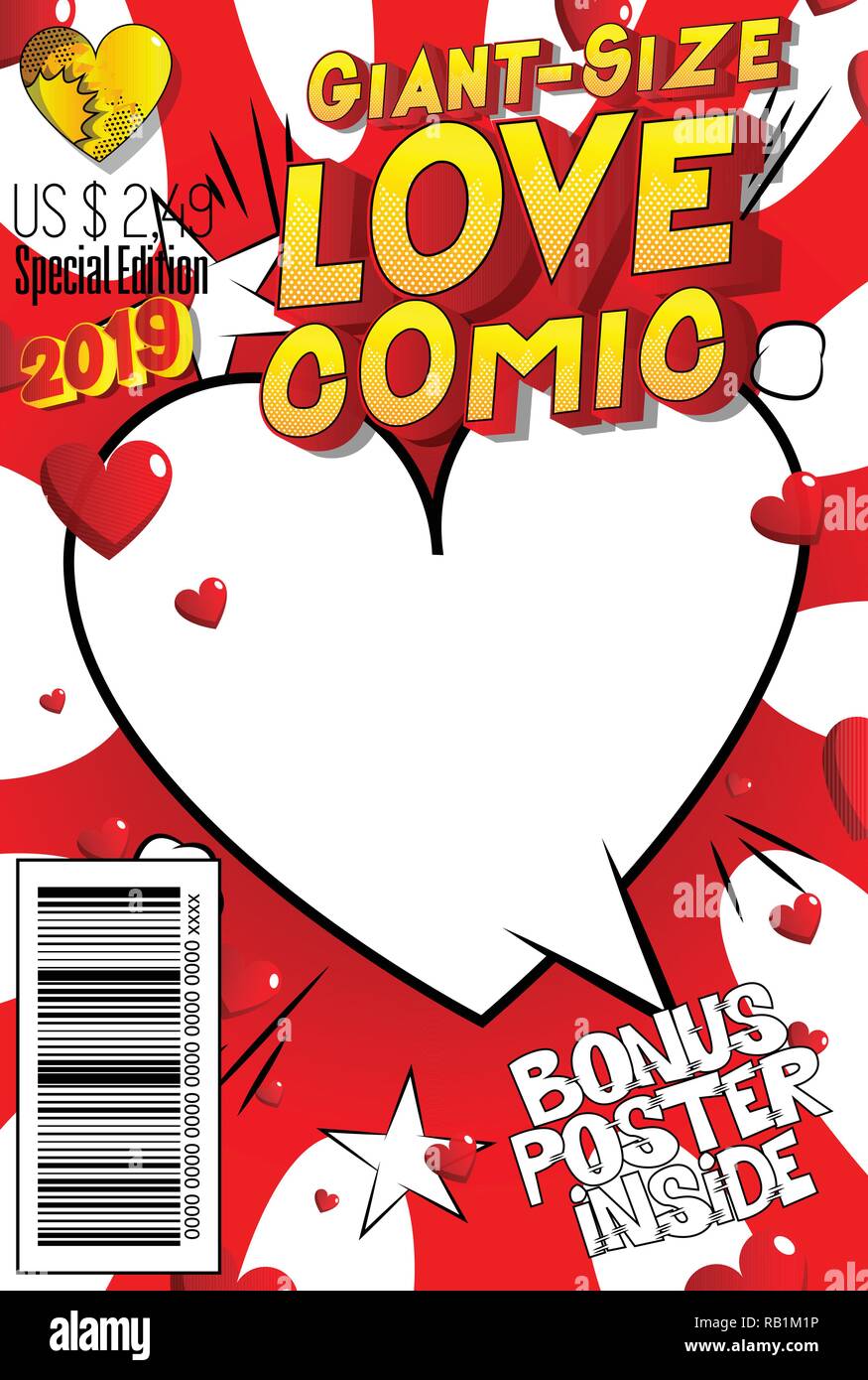 Editable Giant-Size Love Comic Book cover with hearts and other effects ...