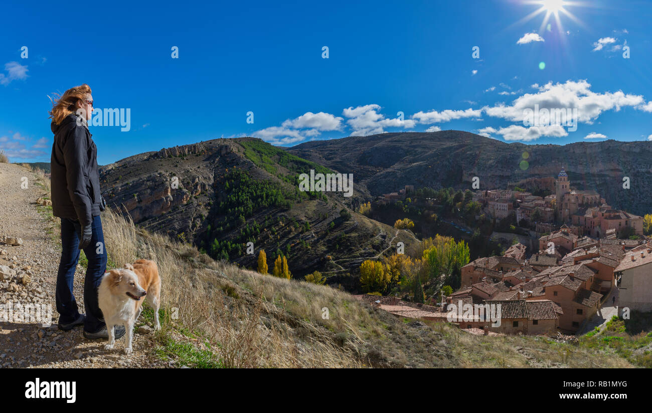 A panoramic photo of a blonde woman and her blonde border collie mix ...