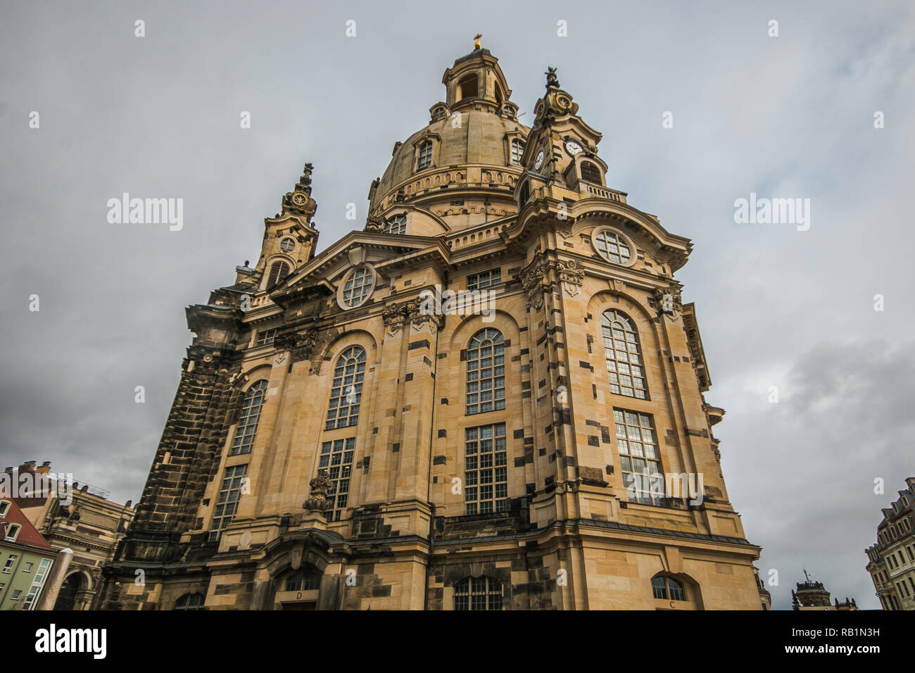 Majestic architecture of the Frauenkirche Lutheran Cathedral in Dresden ...