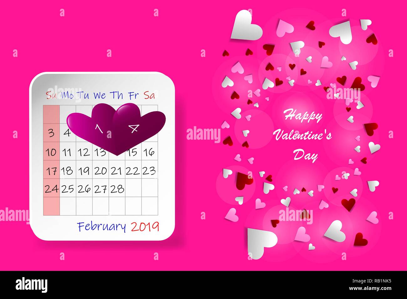 Happy Valentine's Day vector with February calendar sheet. All is on a ...