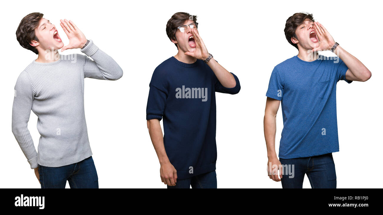 Collage of young man over white isolated background shouting and ...