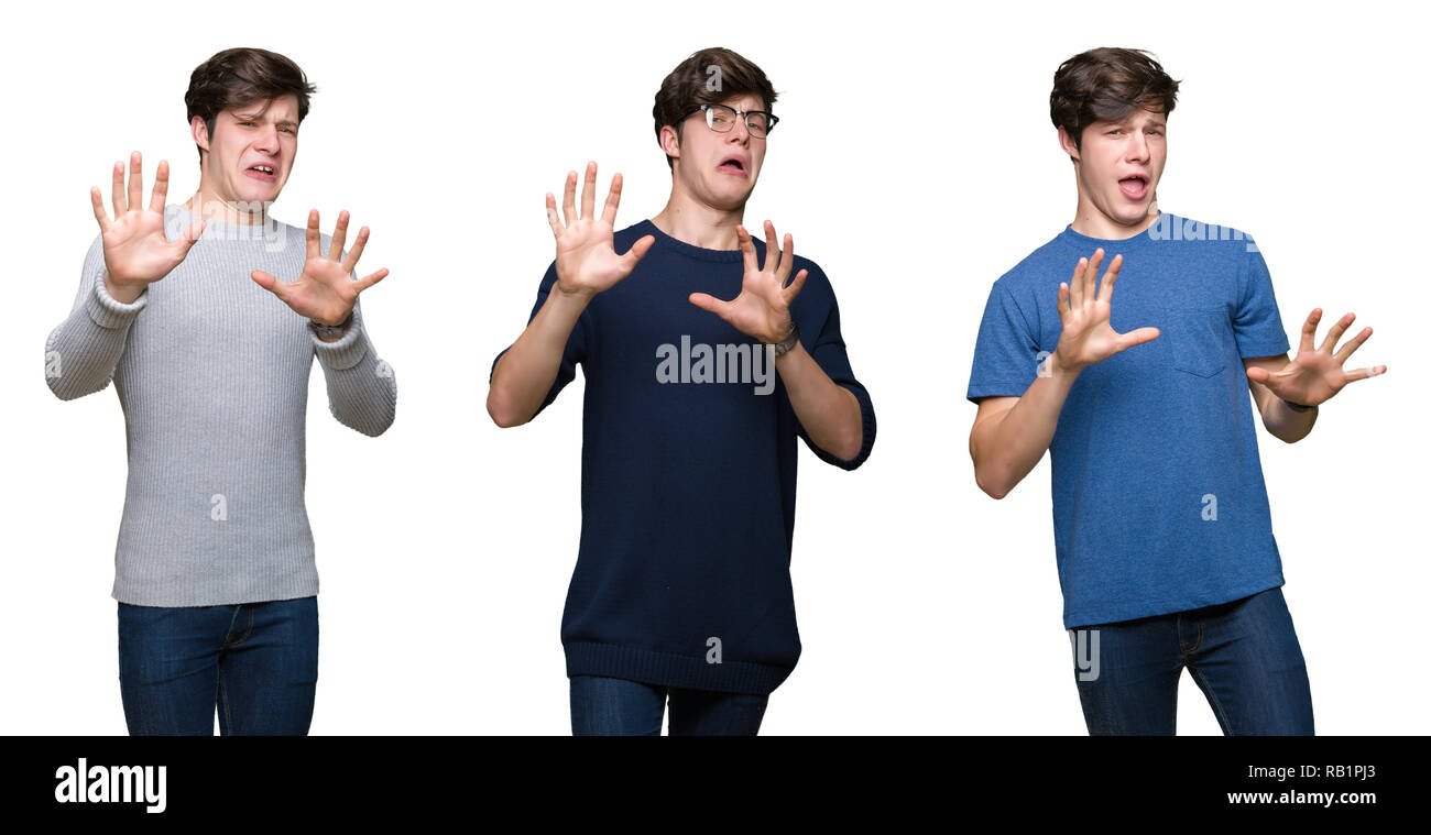 Collage of young man over white isolated background afraid and ...
