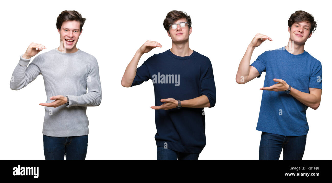 Collage of young man over white isolated background gesturing with ...