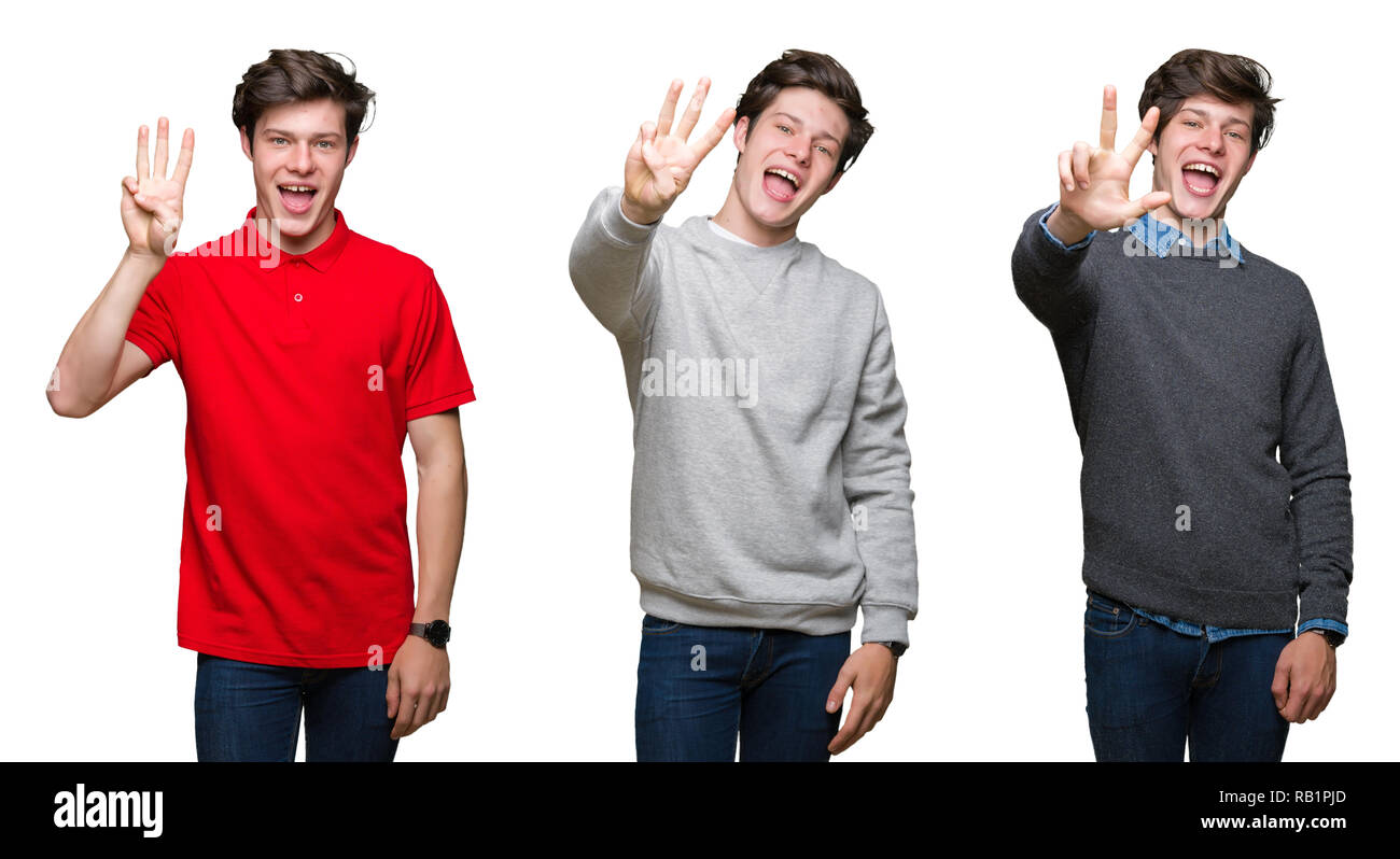 Collage of young man over white isolated background showing and ...