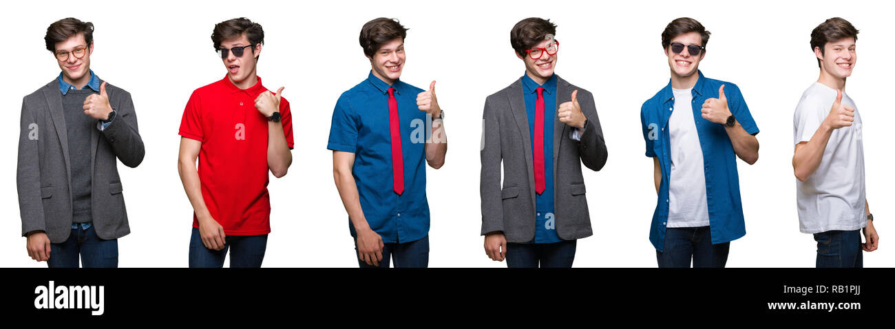 Collage of young man over white isolated background doing happy thumbs ...