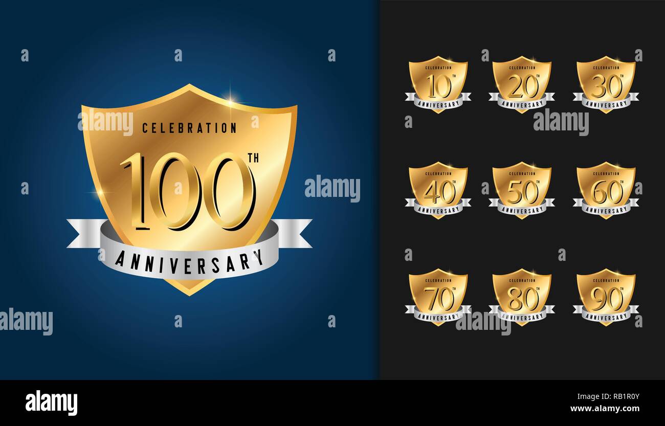 Set of anniversary badges. Golden anniversary celebration emblem design ...