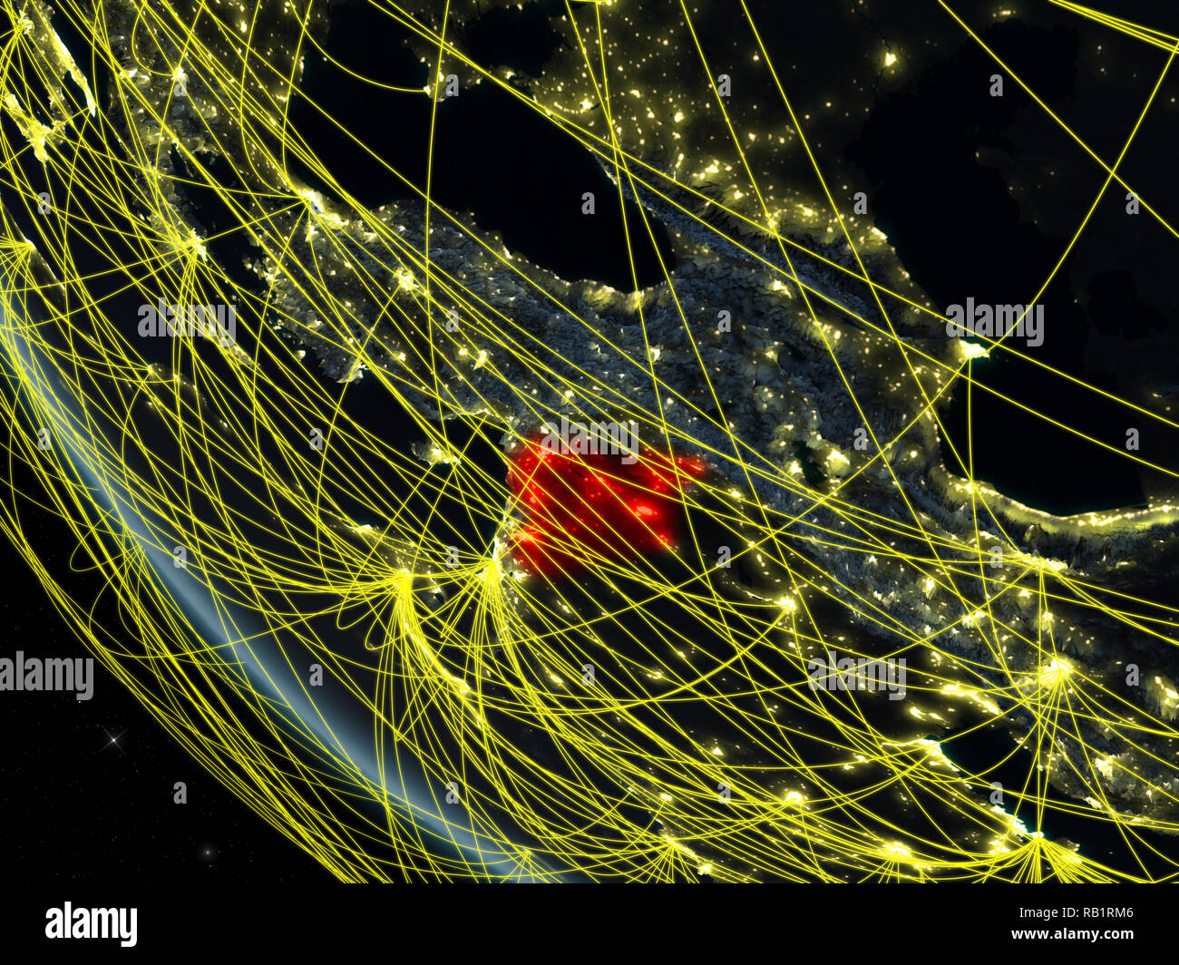 Syria on planet Earth from space at night with network. Concept of ...