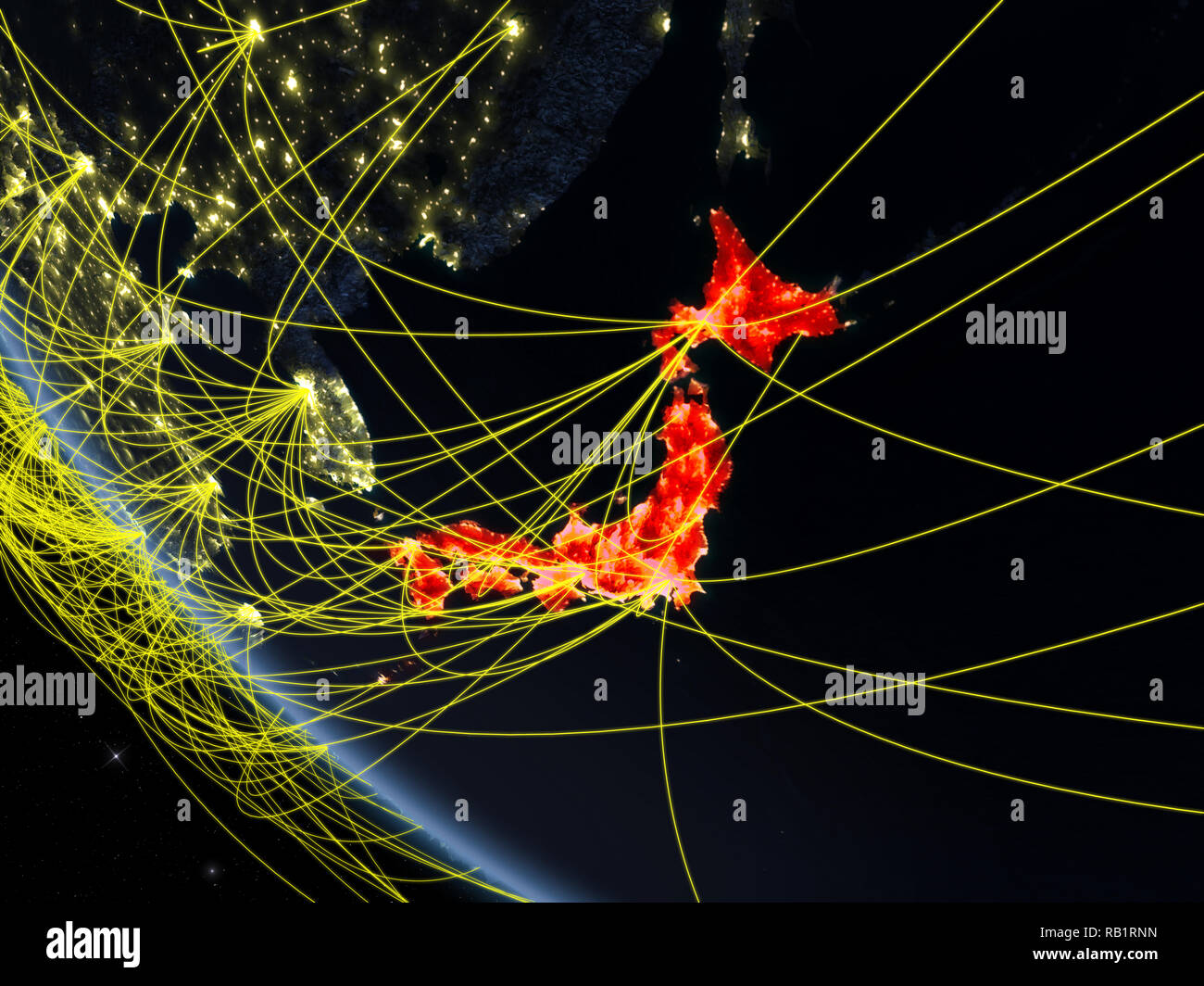 Japan on planet Earth from space at night with network. Concept of ...