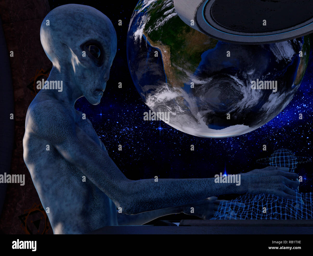 Fantasy alien in a spaceship near earth - 3d rendering Stock Photo - Alamy