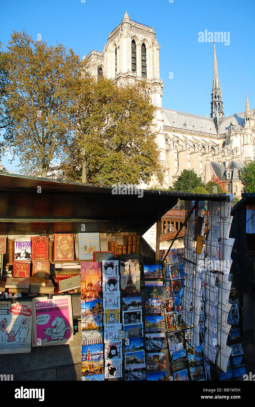 Second-hand book market on quay of river Seine near cathedral Notre Dame de Paris Stock Photo ...