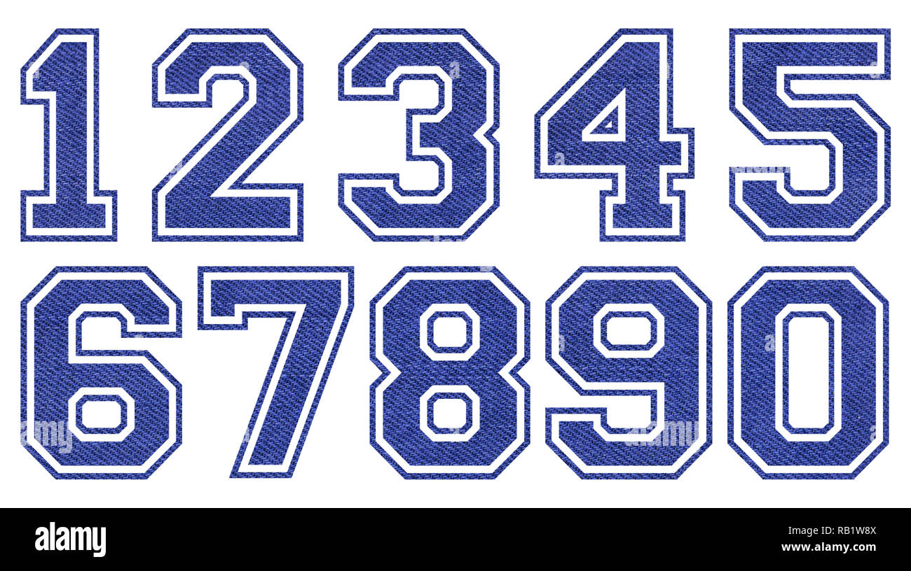 Set of denim blue indigo jeans numbers font texture pattern isolated on ...