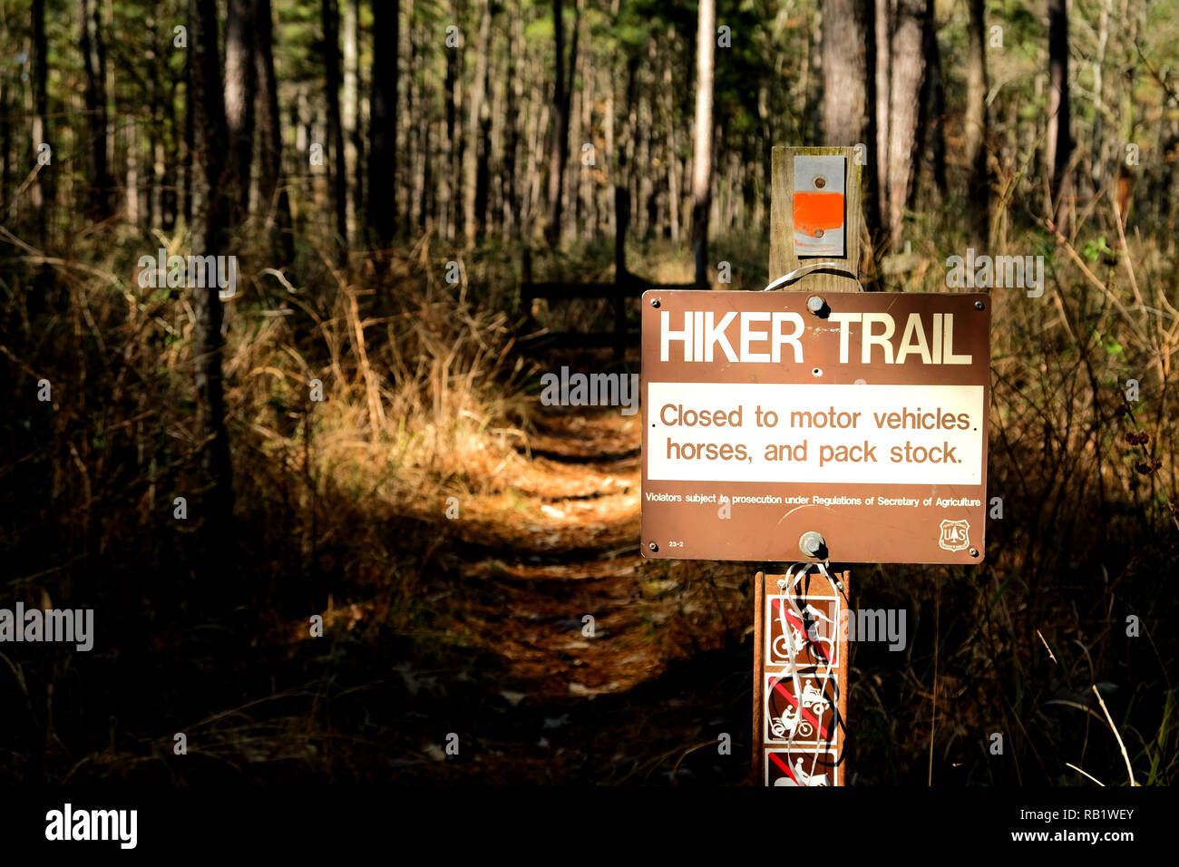 Hiker Trail sign at the Sam Houston National Forest in Texas ...