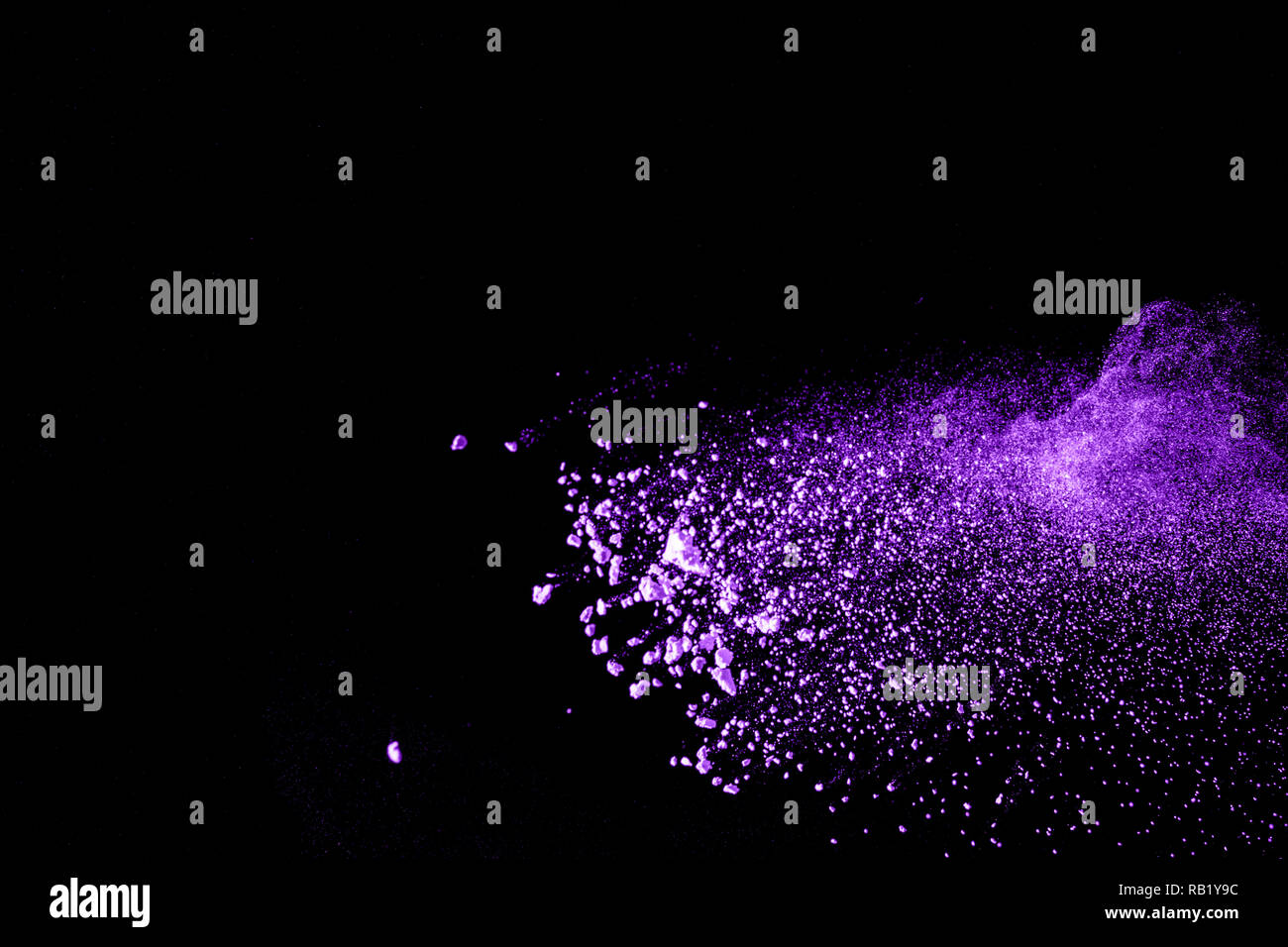 Purple color powder explosion cloud on black background.Closeup of ...