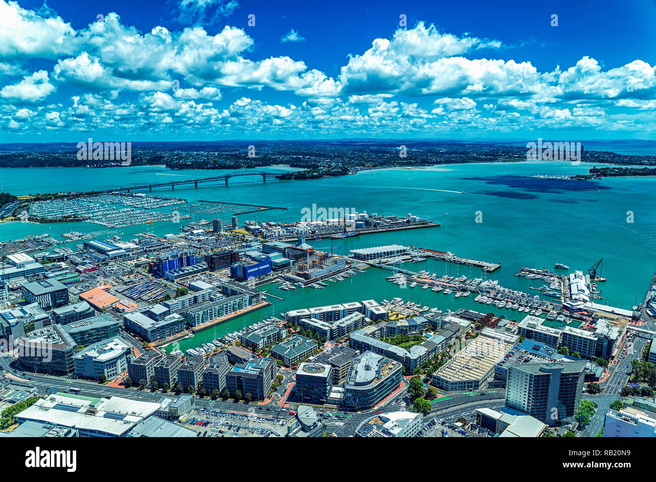 Auckland bridge and harbour view from observation deck on a sunny day ...