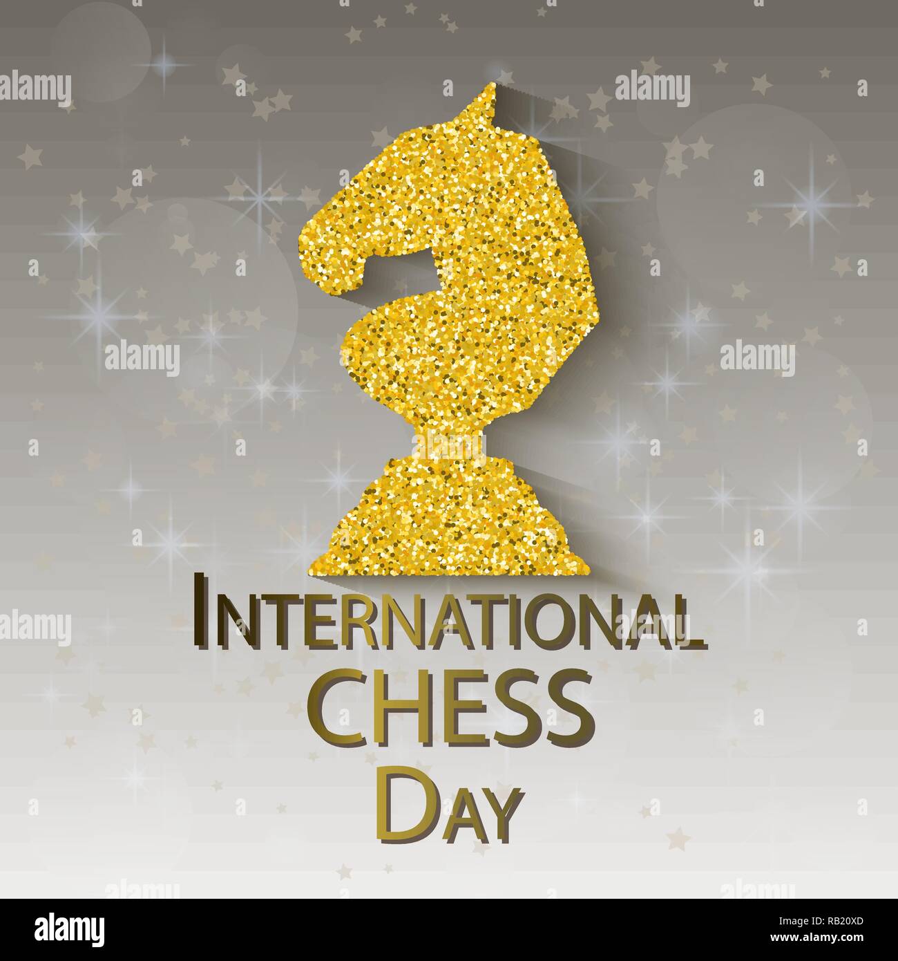 20 July, International Chess Day greeting card. Chess piece and text on ...
