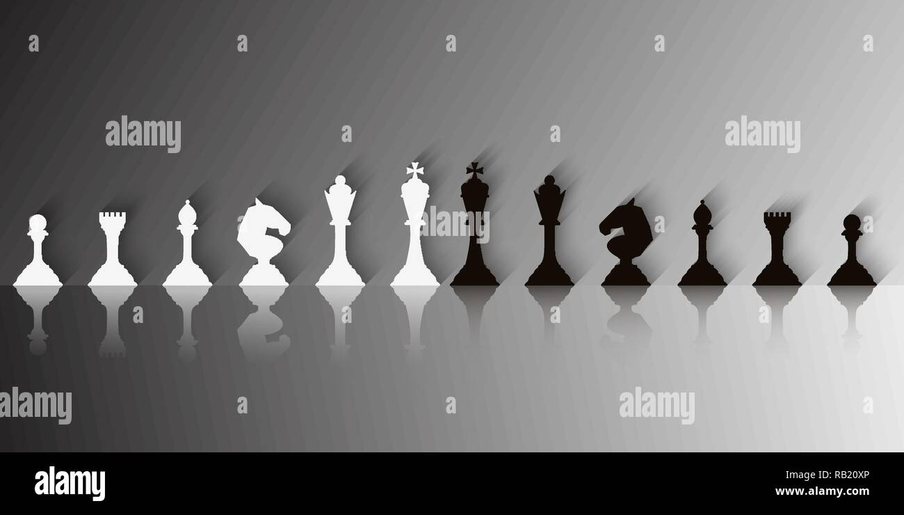 White and black chess pieces with shadow and reflection. Vector ...