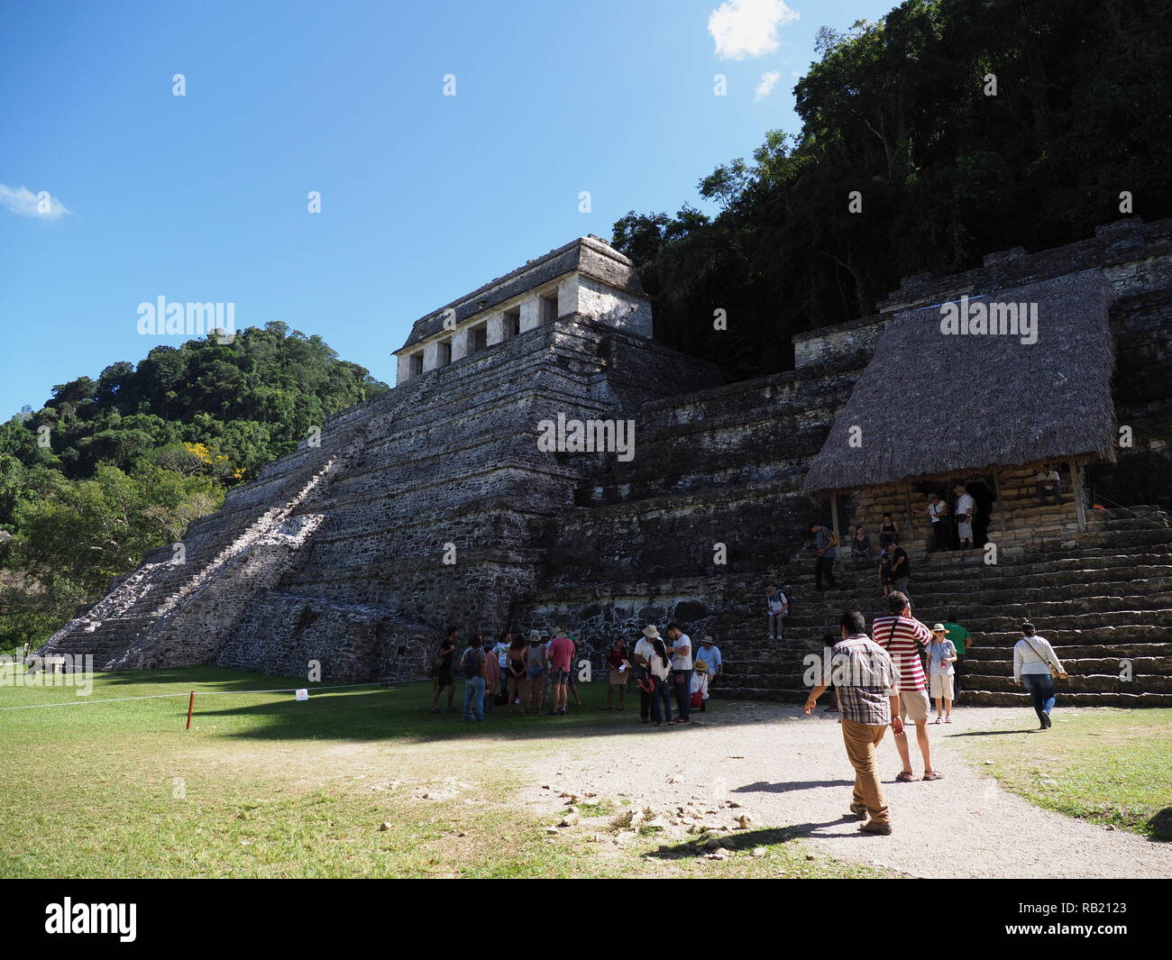 Temple of the Inscriptions pyramid and tourists at ancient mayan ...
