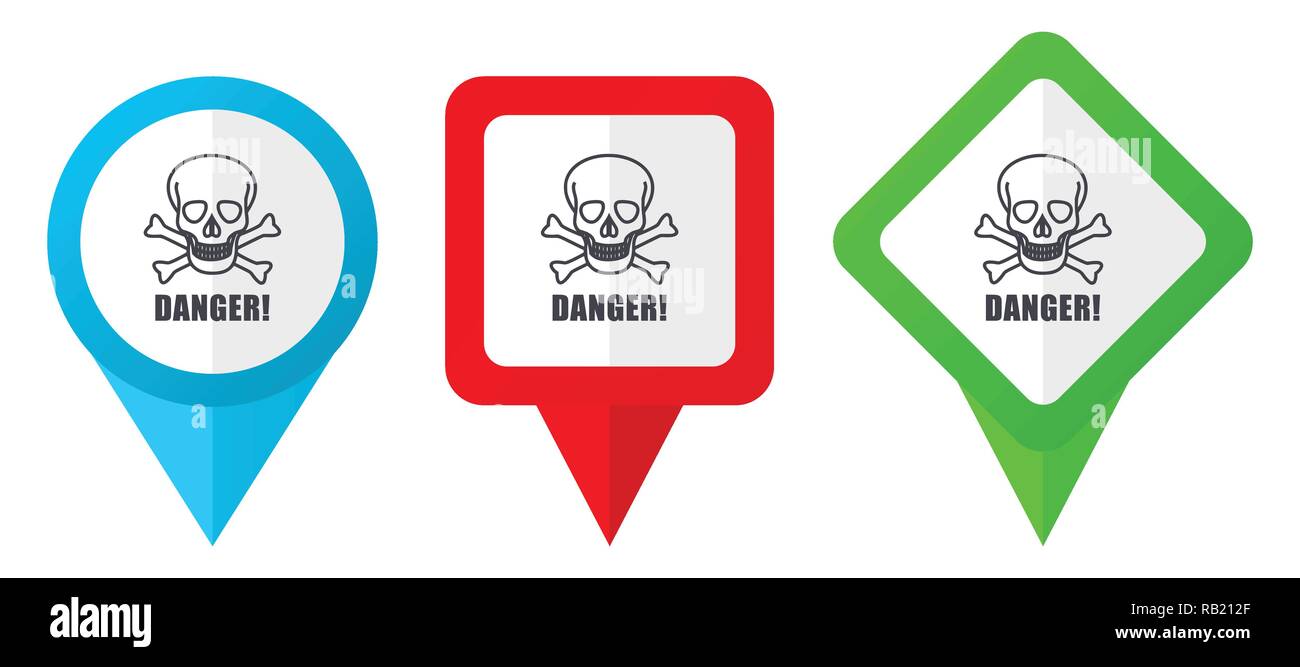 Danger skull red, blue and green vector pointers icons. Set of colorful ...