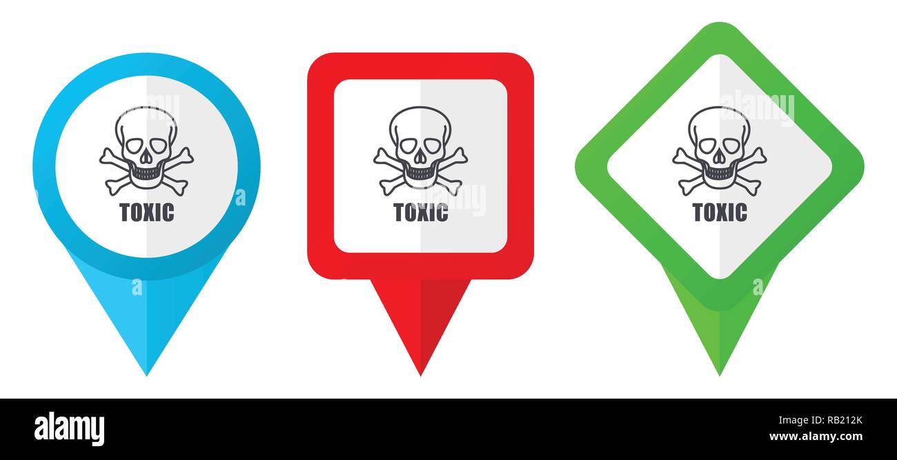 Toxic skull red, blue and green vector pointers icons. Set of colorful ...