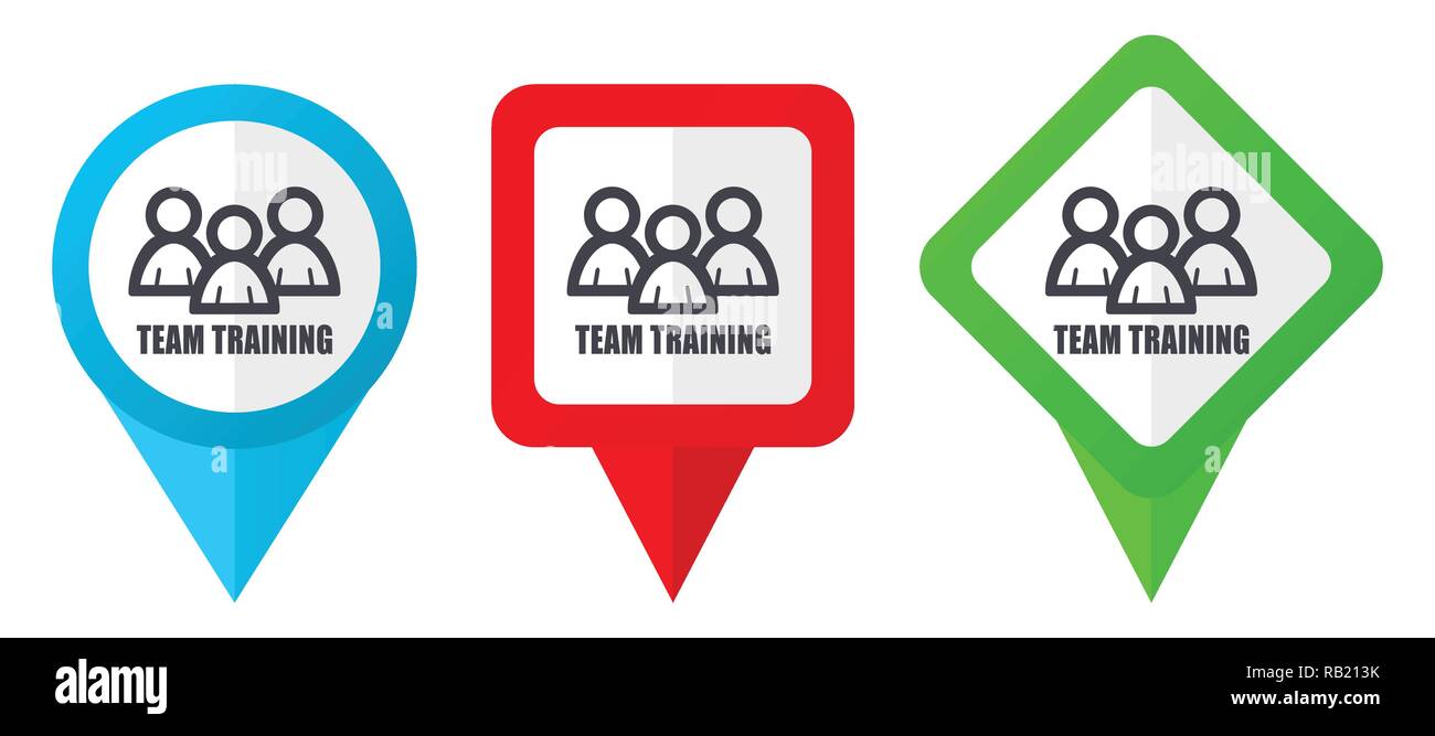 Team training red, blue and green vector pointers icons. Set of ...