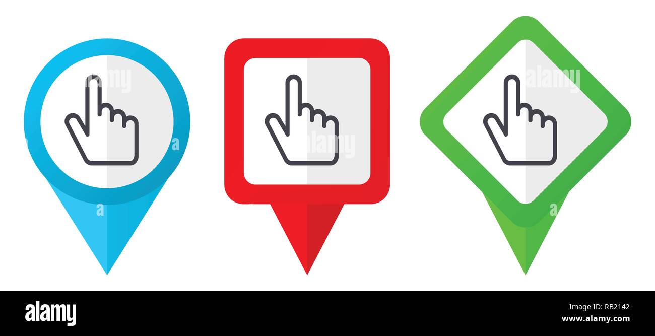Cursor hand red, blue and green vector pointers icons. Set of colorful ...