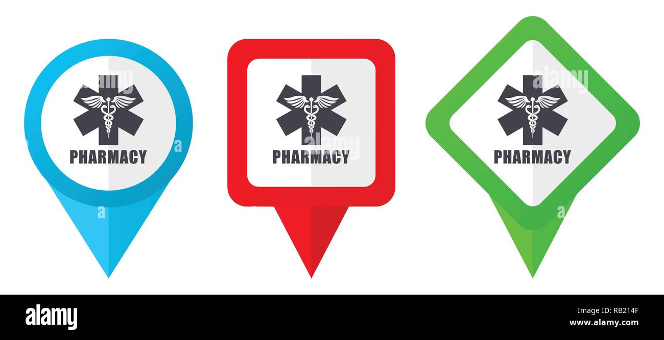 Pharmacy red, blue and green vector pointers icons. Set of colorful ...