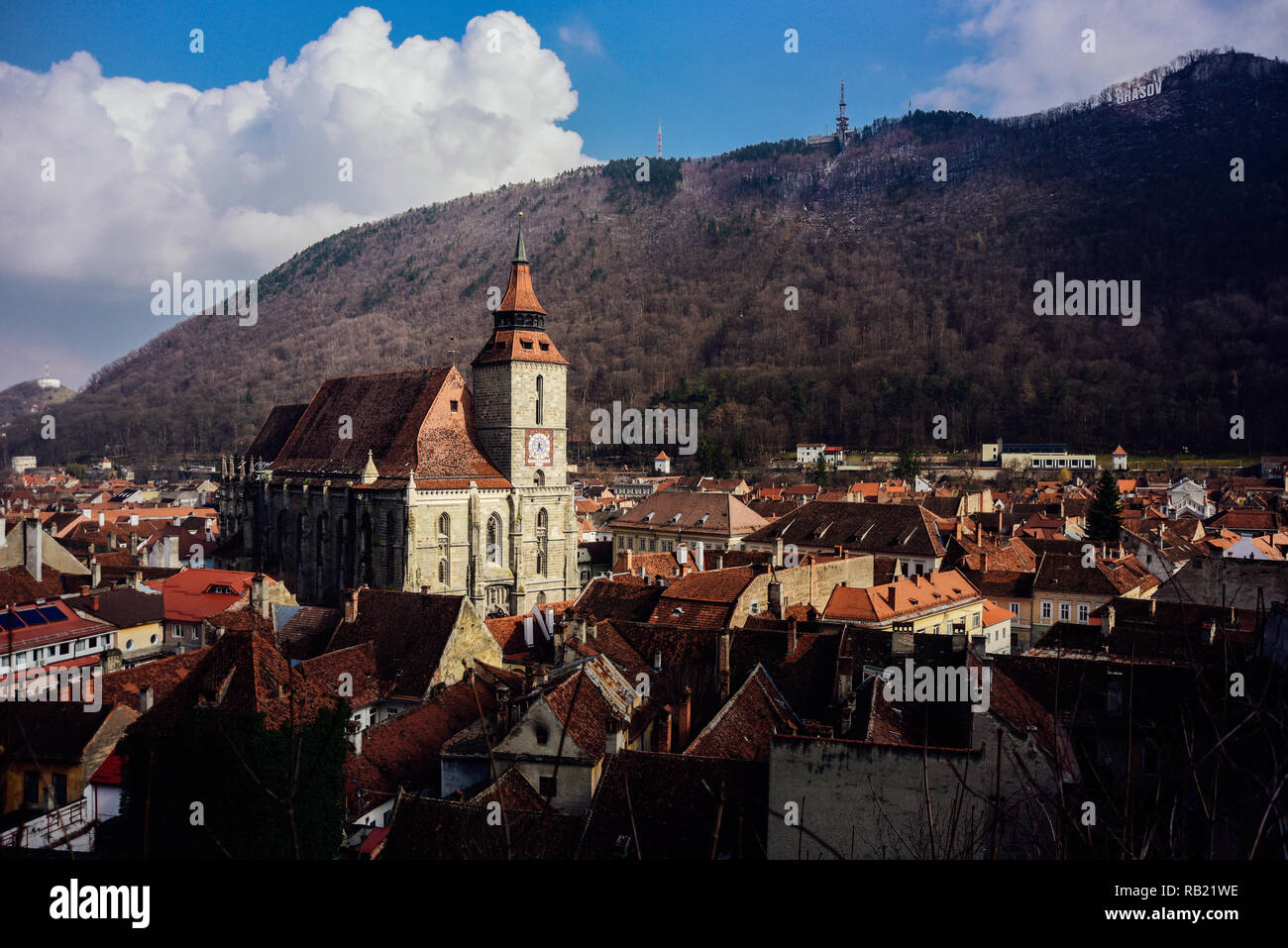 View to Brasov old town. Black church. A lot of red roofs buildings ...
